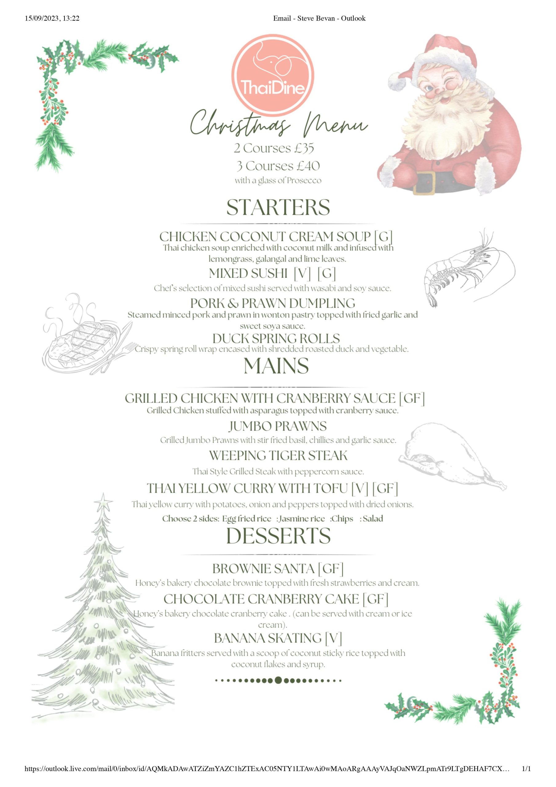 Christmas Menu 2023 - ThaiDine Wrexham